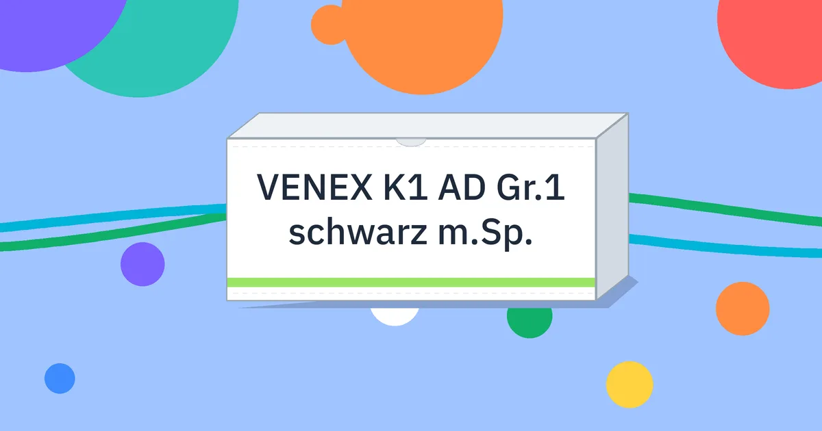 Symbolbild: Packung mit der Aufschrift VENEX K1 AD Gr.1 schwarz m.Sp. (PZN 03184271) – Verfügbarkeit und Bezug in Apotheken in Frankfurt am Main