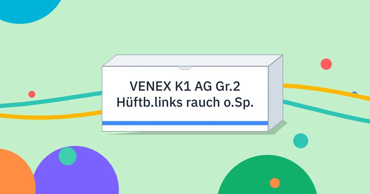 Symbolbild: Packung mit der Aufschrift VENEX K1 AG Gr.2 Hüftb.links rauch o.Sp. (PZN 03204944) – Verfügbarkeit und Bezug in Apotheken in Frankfurt am Main