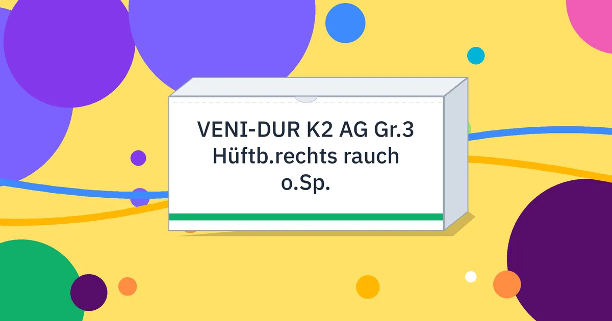 Symbolbild: Packung mit der Aufschrift VENI-DUR K2 AG Gr.3 Hüftb.rechts rauch o.Sp. (PZN 03253316) – Verfügbarkeit und Bezug in Apotheken in Frankfurt am Main