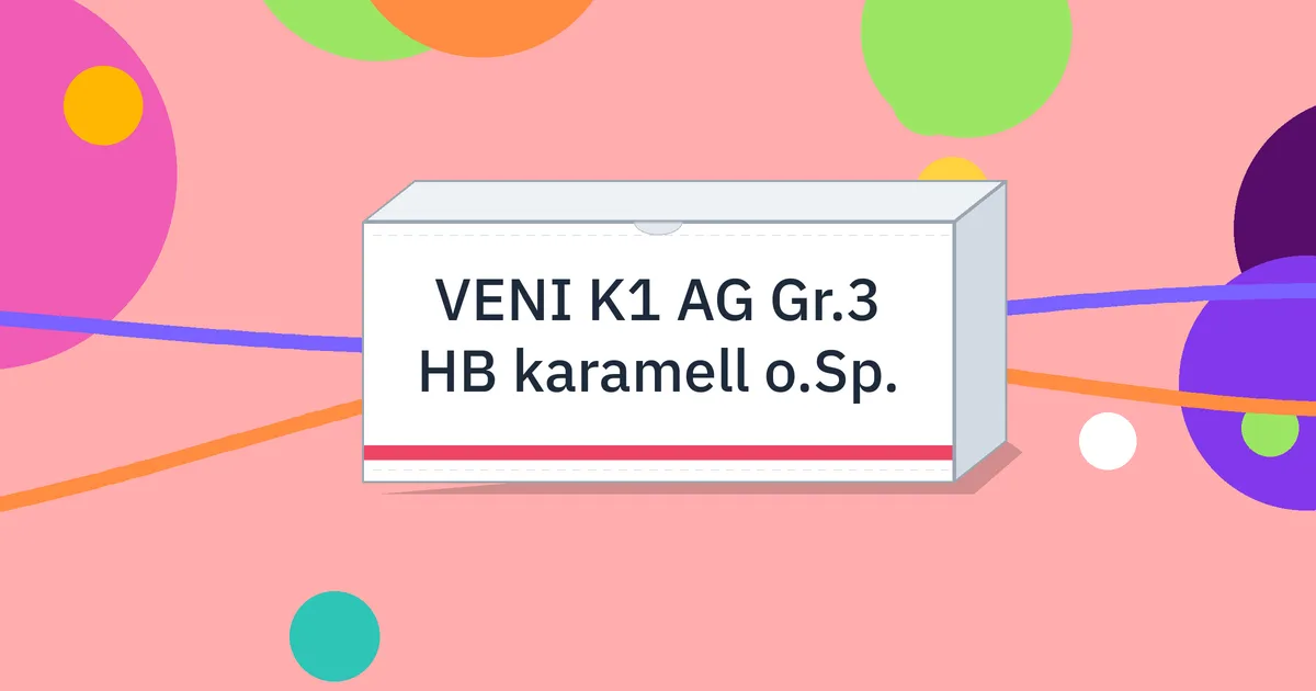 Symbolbild: Packung mit der Aufschrift VENI K1 AG Gr.3 HB karamell o.Sp. (PZN 13756461) – Verfügbarkeit und Bezug in Apotheken in Frankfurt am Main