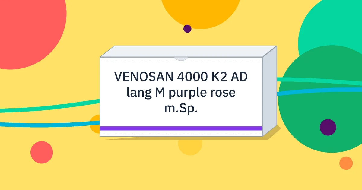 Symbolbild: Packung mit der Aufschrift VENOSAN 4000 K2 AD lang M purple rose m.Sp. (PZN 18847553) – Verfügbarkeit und Bezug in Apotheken in Frankfurt am Main
