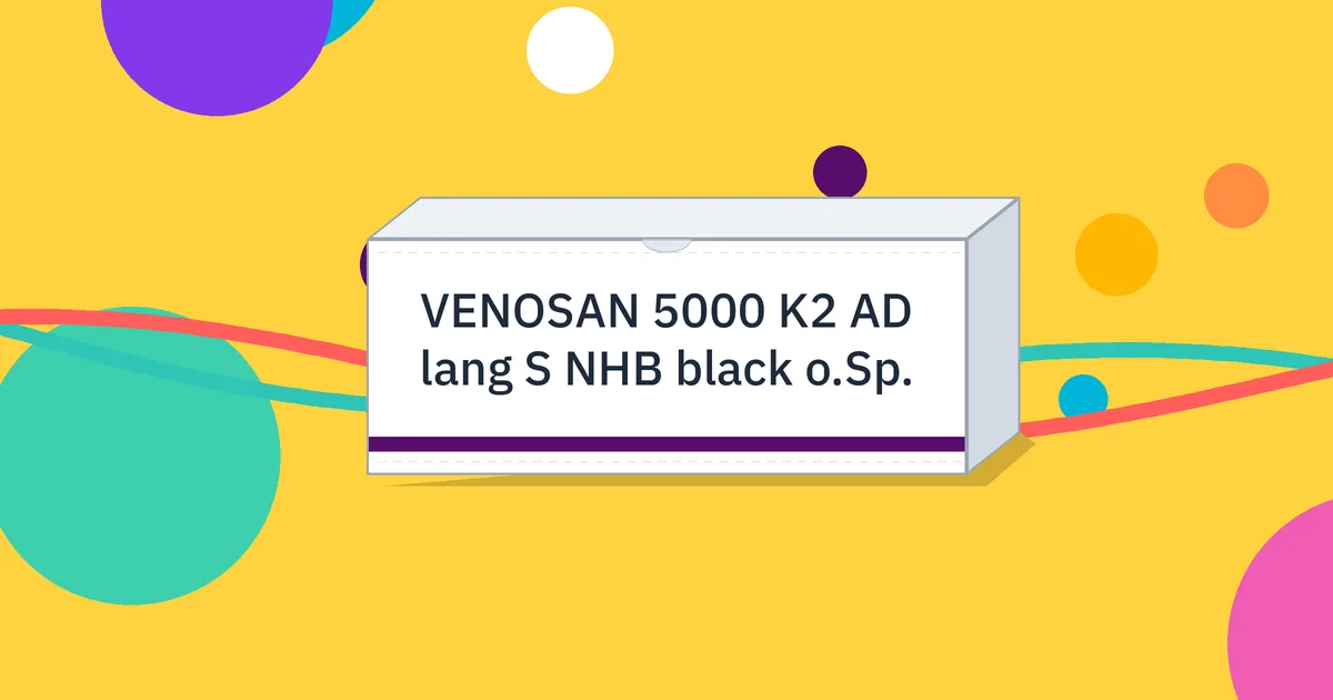Symbolbild: Packung mit der Aufschrift VENOSAN 5000 K2 AD lang S NHB black o.Sp. (PZN 14433257) – Verfügbarkeit und Bezug in Apotheken in Frankfurt am Main