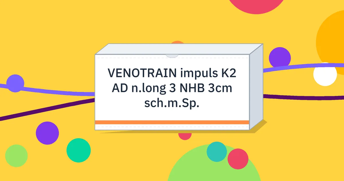 Symbolbild: Packung mit der Aufschrift VENOTRAIN impuls K2 AD n.long 3 NHB 3cm sch.m.Sp. (PZN 00651536) – Verfügbarkeit und Bezug in Apotheken in Frankfurt am Main