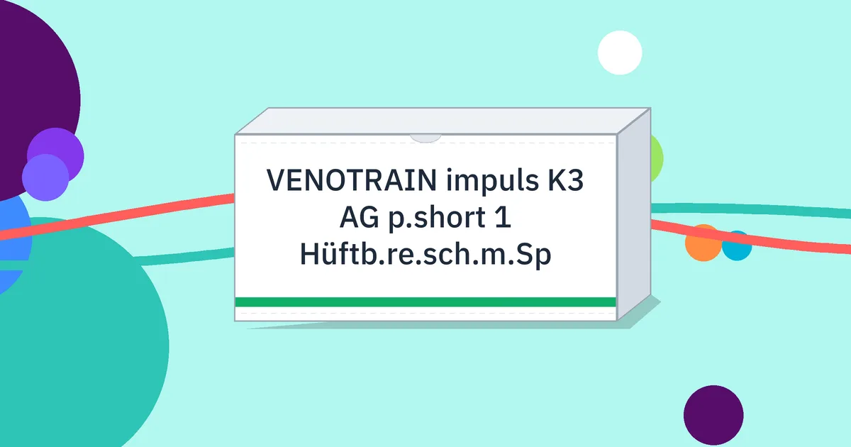 Symbolbild: Packung mit der Aufschrift VENOTRAIN impuls K3 AG p.short 1 Hüftb.re.sch.m.Sp (PZN 10293925) – Verfügbarkeit und Bezug in Apotheken in Frankfurt am Main