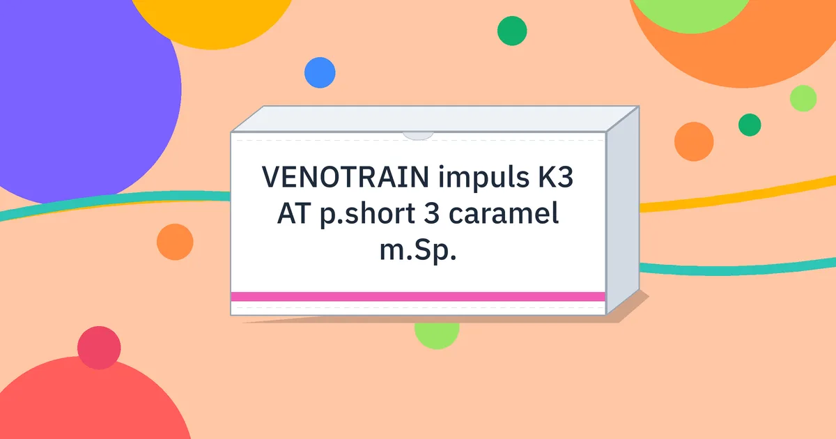 Symbolbild: Packung mit der Aufschrift VENOTRAIN impuls K3 AT p.short 3 caramel m.Sp. (PZN 19355036) – Verfügbarkeit und Bezug in Apotheken in Frankfurt am Main