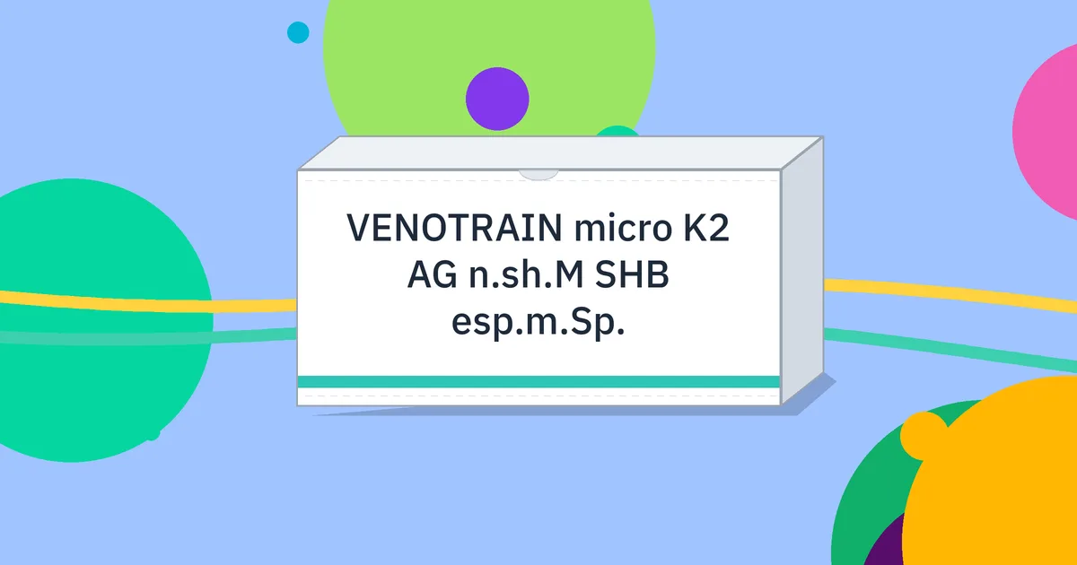 Symbolbild: Packung mit der Aufschrift VENOTRAIN micro K2 AG n.sh.M SHB esp.m.Sp. (PZN 06348187) – Verfügbarkeit und Bezug in Apotheken in Frankfurt am Main