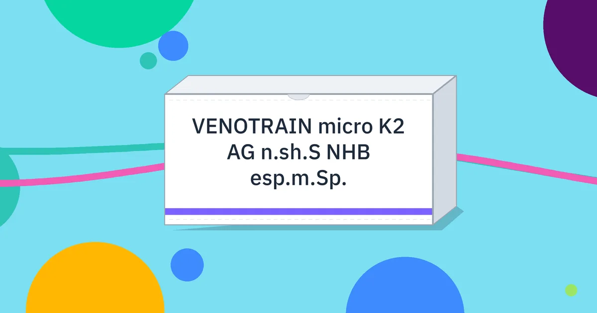 Symbolbild: Packung mit der Aufschrift VENOTRAIN micro K2 AG n.sh.S NHB esp.m.Sp. (PZN 06600617) – Verfügbarkeit und Bezug in Apotheken in Frankfurt am Main