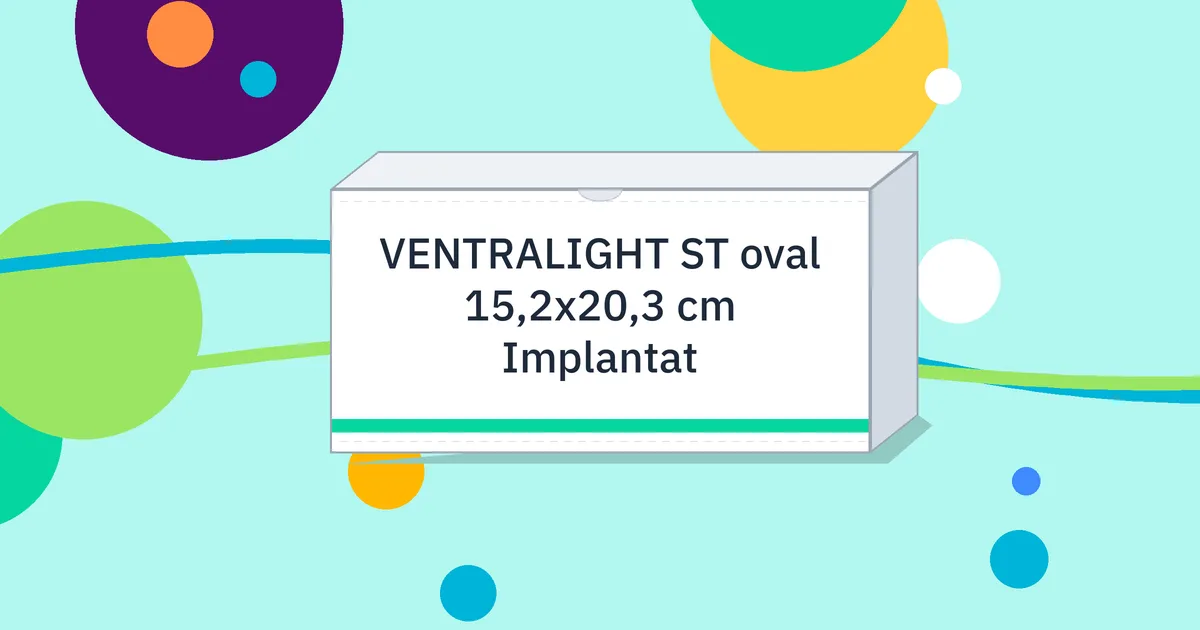 Symbolbild: Packung mit der Aufschrift VENTRALIGHT ST oval 15,2x20,3 cm Implantat (PZN 09067514) – Verfügbarkeit und Bezug in Apotheken in Frankfurt am Main