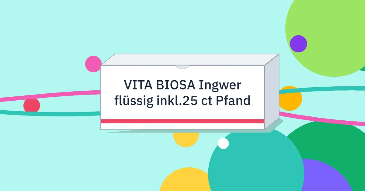 Symbolbild: Packung mit der Aufschrift VITA BIOSA Ingwer flüssig inkl.25 ct Pfand (PZN 18227626) – Verfügbarkeit und Bezug in Apotheken in Frankfurt am Main