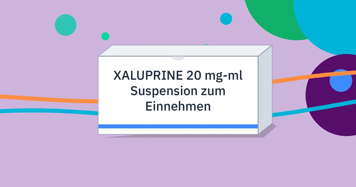 Symbolbild: Packung mit der Aufschrift XALUPRINE 20 mg-ml Suspension zum Einnehmen (PZN 13971805) – Verfügbarkeit und Bezug in Apotheken in Frankfurt am Main
