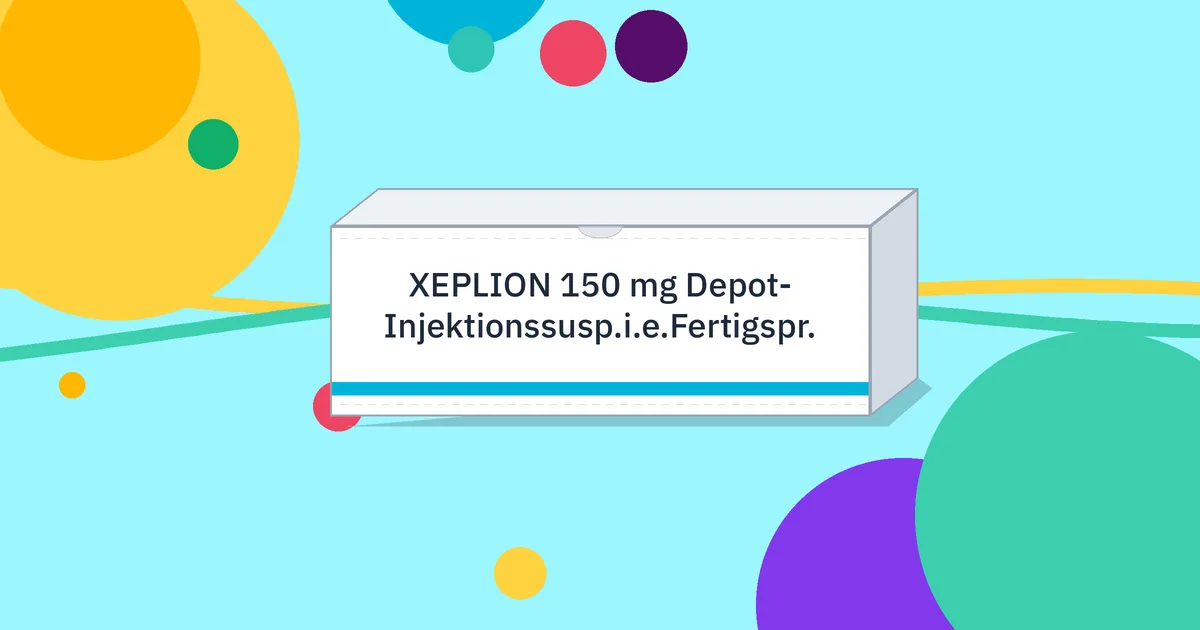 Symbolbild: Packung mit der Aufschrift XEPLION 150 mg Depot-Injektionssusp.i.e.Fertigspr. (PZN 12615474) – Verfügbarkeit und Bezug in Apotheken in Frankfurt am Main