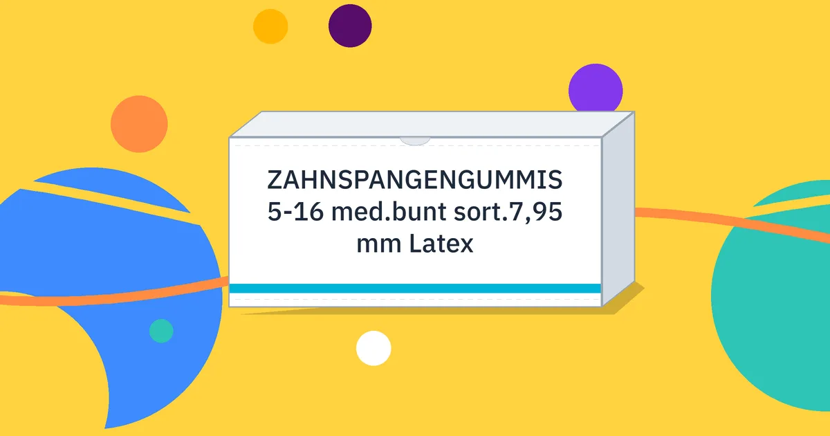 Symbolbild: Packung mit der Aufschrift ZAHNSPANGENGUMMIS 5-16 med.bunt sort.7,95 mm Latex (PZN 11165075) – Verfügbarkeit und Bezug in Apotheken in Frankfurt am Main