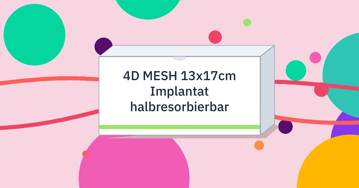Symbolbild: Packung mit der Aufschrift 4D MESH 13x17cm Implantat halbresorbierbar (PZN 19504482) – Verfügbarkeit und Bezug in Apotheken in Frankfurt am Main