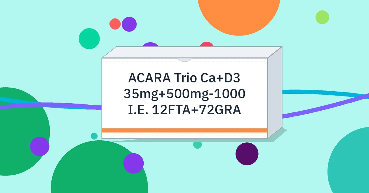 Symbolbild: Packung mit der Aufschrift ACARA Trio Ca+D3 35mg+500mg-1000 I.E. 12FTA+72GRA (PZN 14169091) – Verfügbarkeit und Bezug in Apotheken in Frankfurt am Main