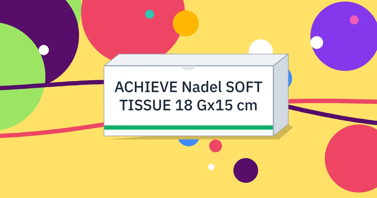 Symbolbild: Packung mit der Aufschrift ACHIEVE Nadel SOFT TISSUE 18 Gx15 cm (PZN 18763483) – Verfügbarkeit und Bezug in Apotheken in Frankfurt am Main