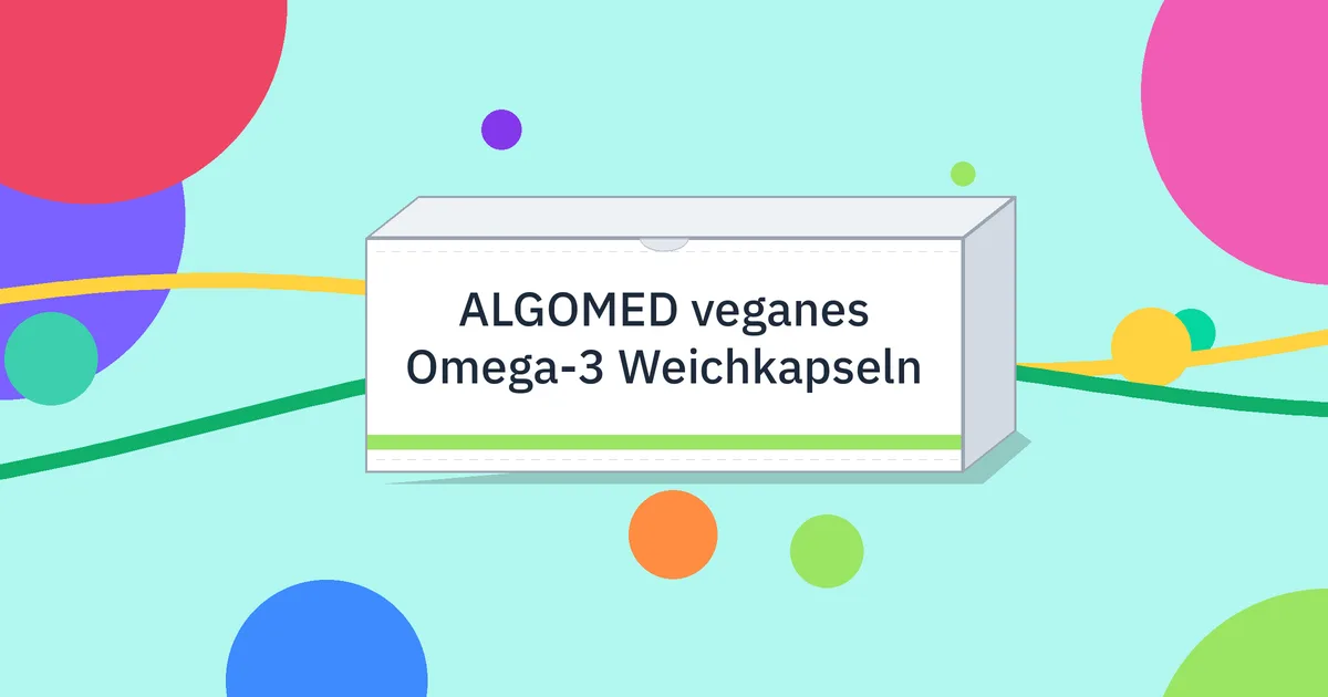 Symbolbild: Packung mit der Aufschrift ALGOMED veganes Omega-3 Weichkapseln (PZN 19556622) – Verfügbarkeit und Bezug in Apotheken in Frankfurt am Main