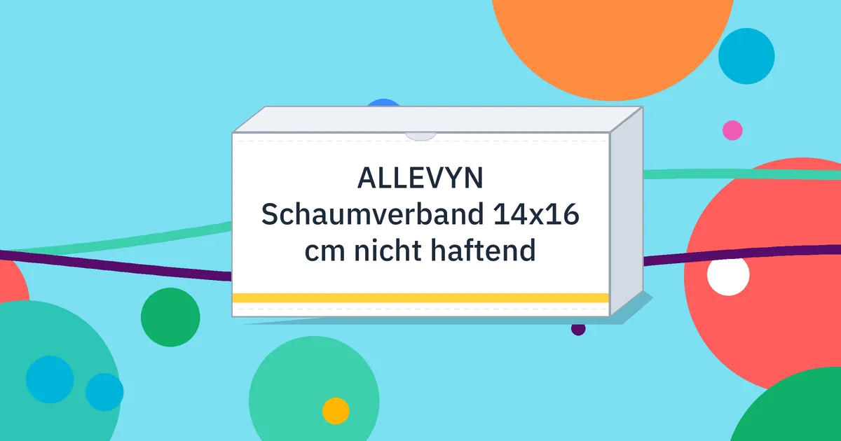 Symbolbild: Packung mit der Aufschrift ALLEVYN Schaumverband 14x16 cm nicht haftend (PZN 09686625) – Verfügbarkeit und Bezug in Apotheken in Frankfurt am Main