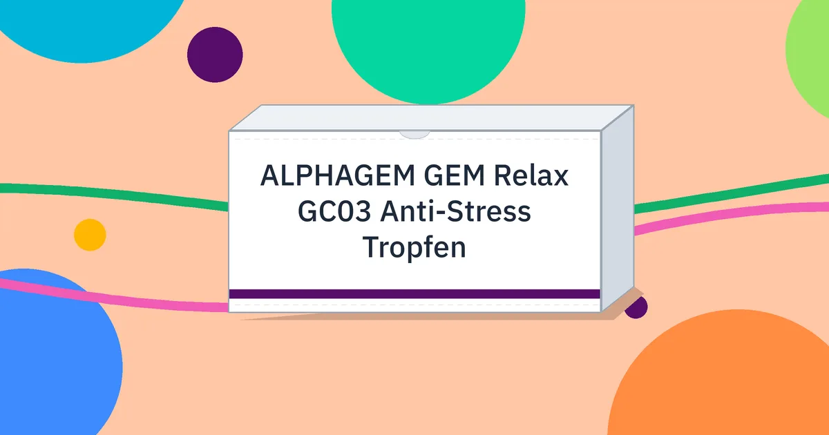 Symbolbild: Packung mit der Aufschrift ALPHAGEM GEM Relax GC03 Anti-Stress Tropfen (PZN 20296215) – Verfügbarkeit und Bezug in Apotheken in Frankfurt am Main