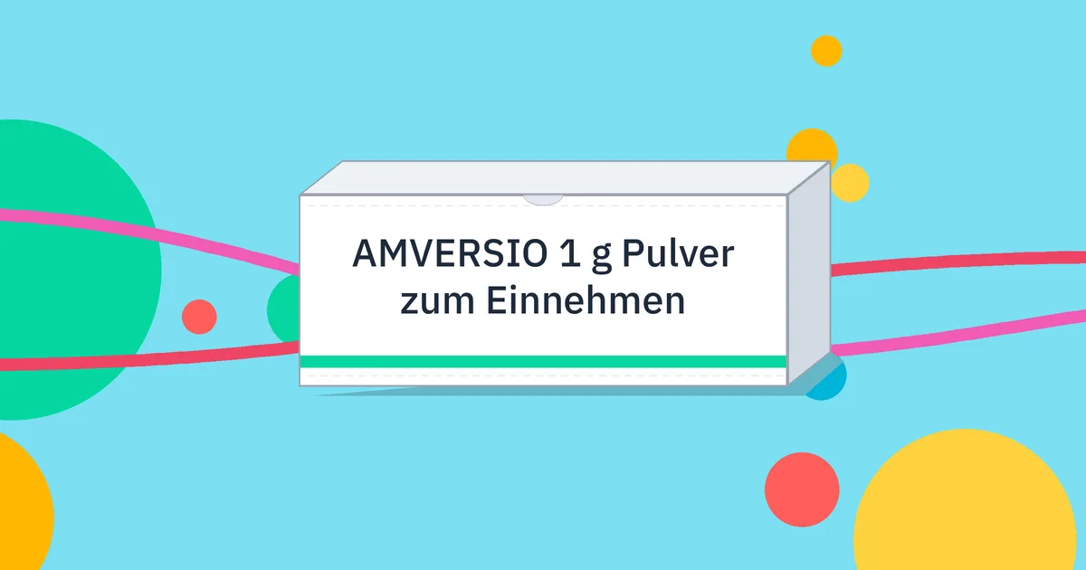 Symbolbild: Packung mit der Aufschrift AMVERSIO 1 g Pulver zum Einnehmen (PZN 19525739) – Verfügbarkeit und Bezug in Apotheken in Frankfurt am Main