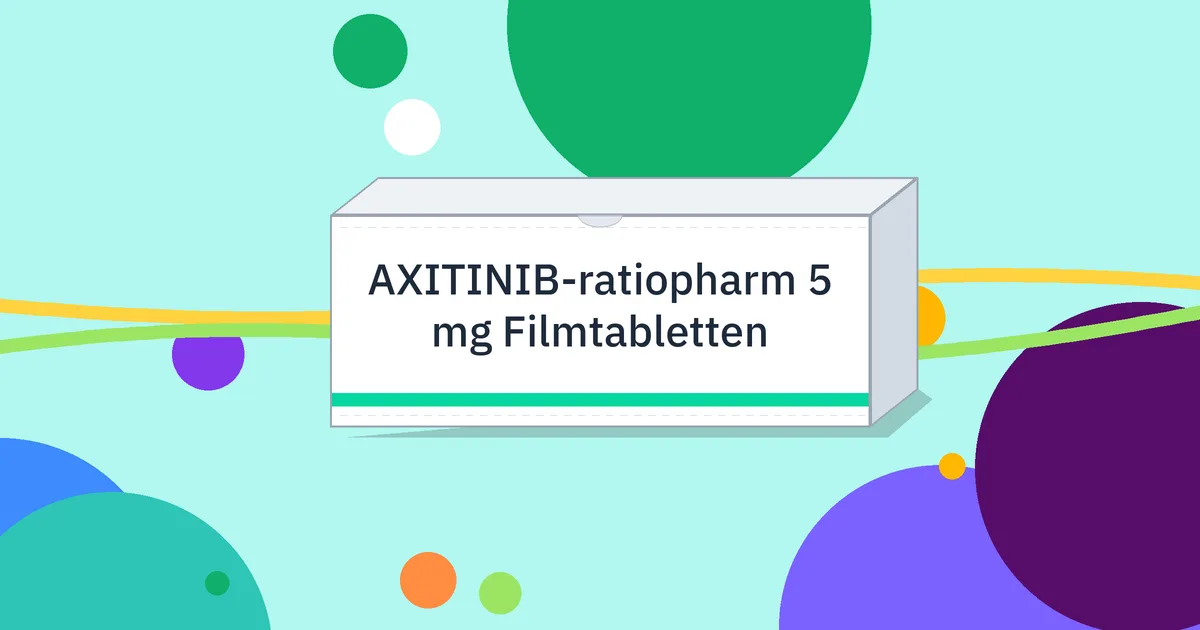 Symbolbild: Packung mit der Aufschrift AXITINIB-ratiopharm 5 mg Filmtabletten (PZN 19261766) – Verfügbarkeit und Bezug in Apotheken in Frankfurt am Main