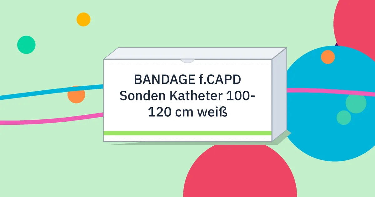 Symbolbild: Packung mit der Aufschrift BANDAGE f.CAPD Sonden Katheter 100-120 cm weiß (PZN 15391265) – Verfügbarkeit und Bezug in Apotheken in Frankfurt am Main