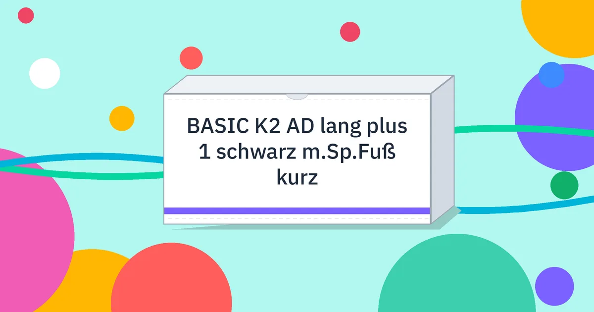 Symbolbild: Packung mit der Aufschrift BASIC K2 AD lang plus 1 schwarz m.Sp.Fuß kurz (PZN 20263457) – Verfügbarkeit und Bezug in Apotheken in Frankfurt am Main