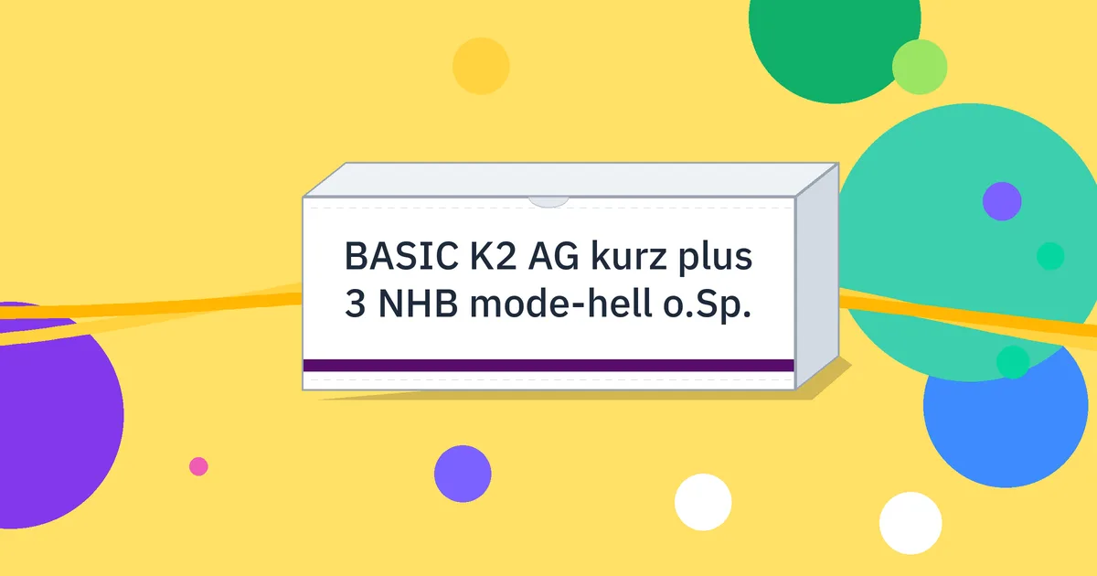 Symbolbild: Packung mit der Aufschrift BASIC K2 AG kurz plus 3 NHB mode-hell o.Sp. (PZN 20267188) – Verfügbarkeit und Bezug in Apotheken in Frankfurt am Main