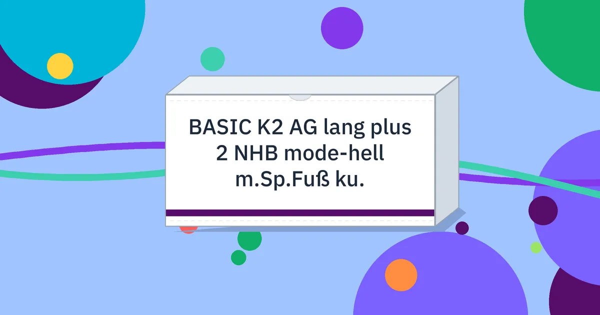 Symbolbild: Packung mit der Aufschrift BASIC K2 AG lang plus 2 NHB mode-hell m.Sp.Fuß ku. (PZN 20266711) – Verfügbarkeit und Bezug in Apotheken in Frankfurt am Main