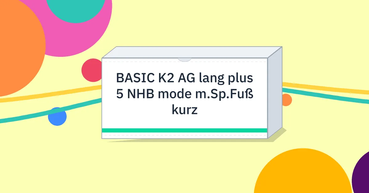 Symbolbild: Packung mit der Aufschrift BASIC K2 AG lang plus 5 NHB mode m.Sp.Fuß kurz (PZN 20268153) – Verfügbarkeit und Bezug in Apotheken in Frankfurt am Main