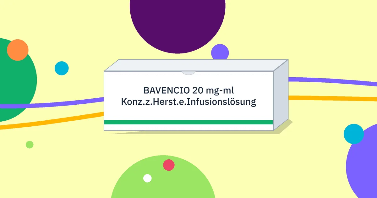 Symbolbild: Packung mit der Aufschrift BAVENCIO 20 mg-ml Konz.z.Herst.e.Infusionslösung (PZN 19116113) – Verfügbarkeit und Bezug in Apotheken in Frankfurt am Main