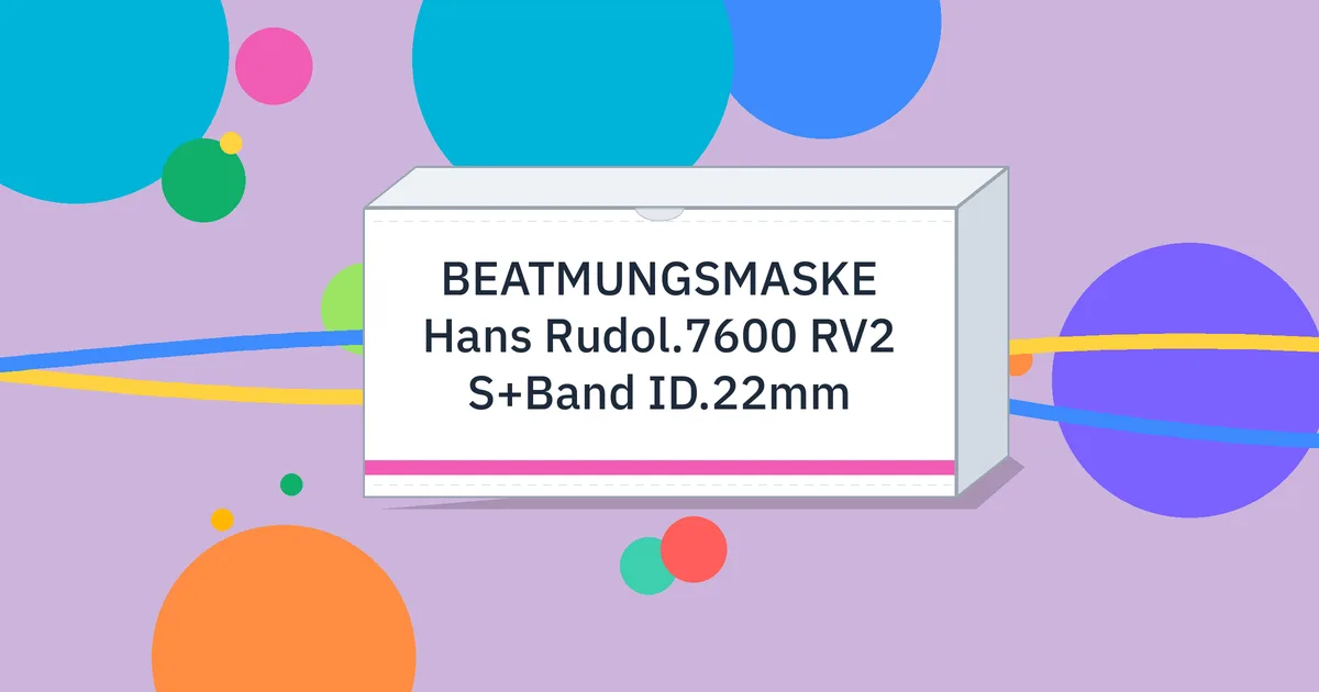 Symbolbild: Packung mit der Aufschrift BEATMUNGSMASKE Hans Rudol.7600 RV2 S+Band ID.22mm (PZN 17303093) – Verfügbarkeit und Bezug in Apotheken in Frankfurt am Main