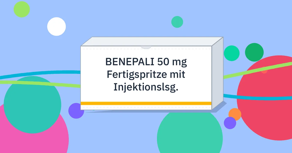 Symbolbild: Packung mit der Aufschrift BENEPALI 50 mg Fertigspritze mit Injektionslsg. (PZN 11558047) – Verfügbarkeit und Bezug in Apotheken in Frankfurt am Main