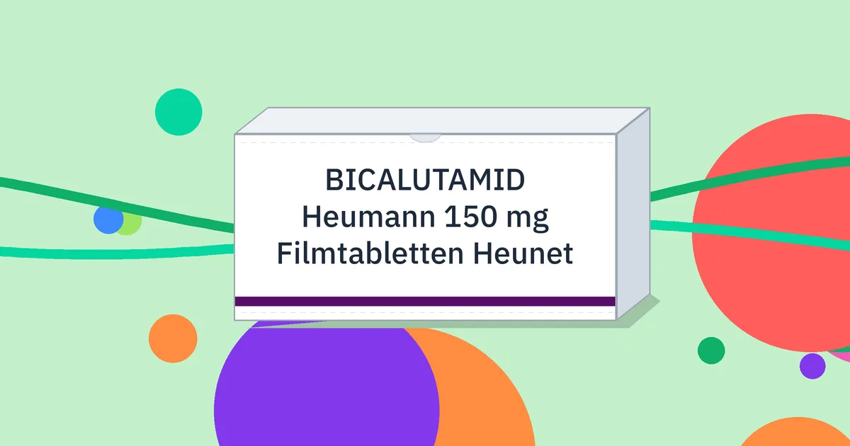 Symbolbild: Packung mit der Aufschrift BICALUTAMID Heumann 150 mg Filmtabletten Heunet (PZN 15023395) – Verfügbarkeit und Bezug in Apotheken in Frankfurt am Main