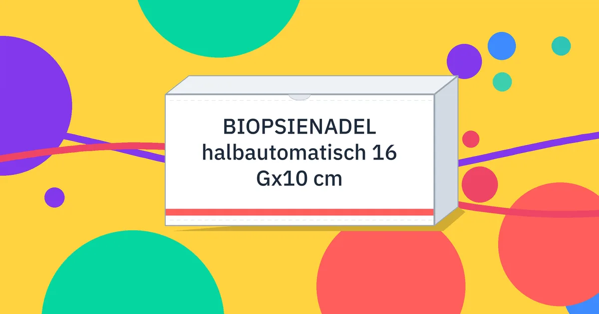 Symbolbild: Packung mit der Aufschrift BIOPSIENADEL halbautomatisch 16 Gx10 cm (PZN 19529789) – Verfügbarkeit und Bezug in Apotheken in Frankfurt am Main