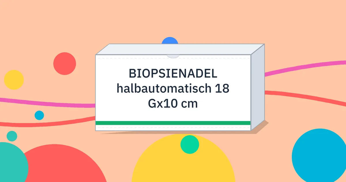 Symbolbild: Packung mit der Aufschrift BIOPSIENADEL halbautomatisch 18 Gx10 cm (PZN 19529915) – Verfügbarkeit und Bezug in Apotheken in Frankfurt am Main