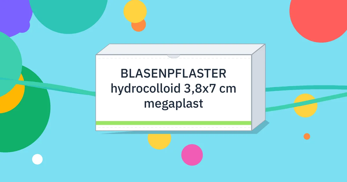 Symbolbild: Packung mit der Aufschrift BLASENPFLASTER hydrocolloid 3,8x7 cm megaplast (PZN 16500472) – Verfügbarkeit und Bezug in Apotheken in Frankfurt am Main