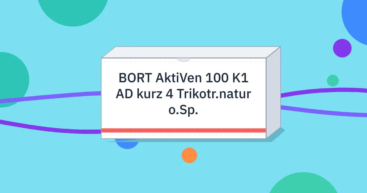 Symbolbild: Packung mit der Aufschrift BORT AktiVen 100 K1 AD kurz 4 Trikotr.natur o.Sp. (PZN 13726069) – Verfügbarkeit und Bezug in Apotheken in Frankfurt am Main