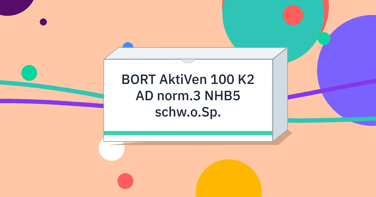 Symbolbild: Packung mit der Aufschrift BORT AktiVen 100 K2 AD norm.3 NHB5 schw.o.Sp. (PZN 17496844) – Verfügbarkeit und Bezug in Apotheken in Frankfurt am Main