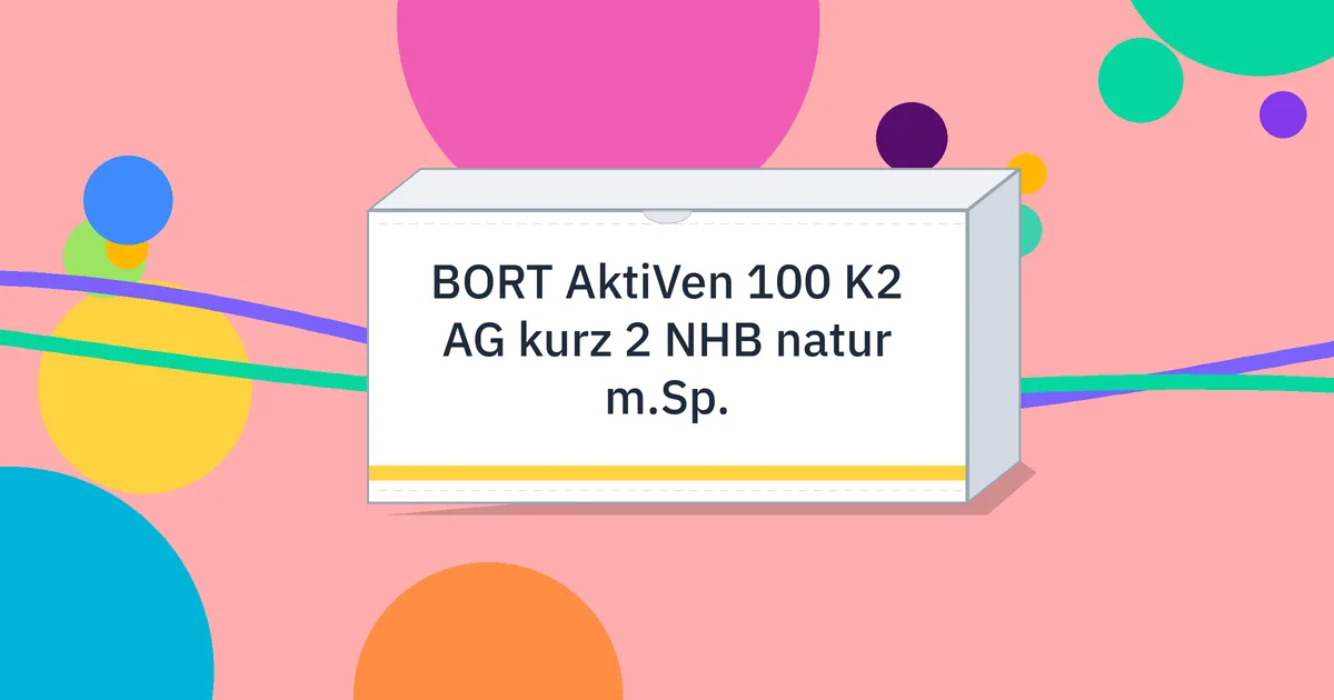 Symbolbild: Packung mit der Aufschrift BORT AktiVen 100 K2 AG kurz 2 NHB natur m.Sp. (PZN 13730556) – Verfügbarkeit und Bezug in Apotheken in Frankfurt am Main