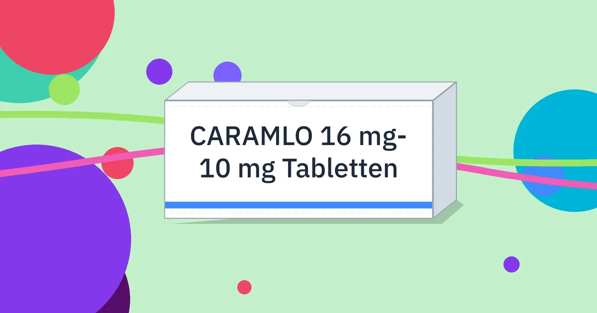 Symbolbild: Packung mit der Aufschrift CARAMLO 16 mg-10 mg Tabletten (PZN 18007801) – Verfügbarkeit und Bezug in Apotheken in Frankfurt am Main