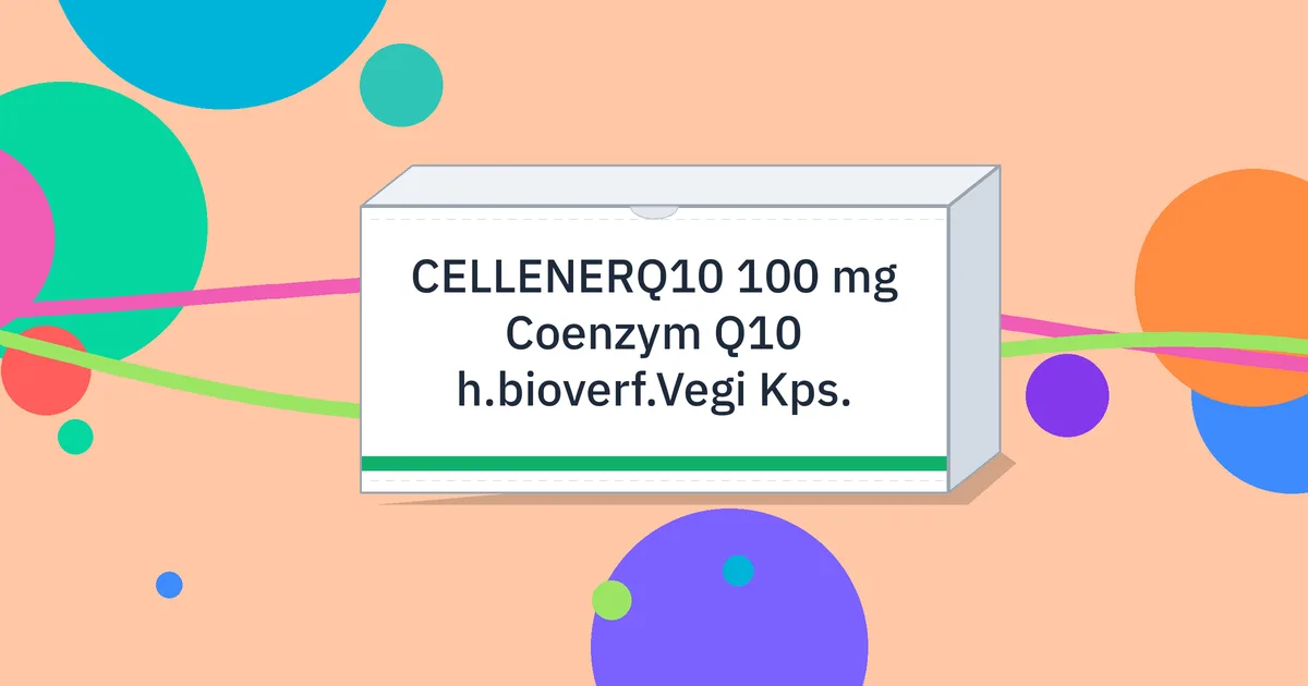 Symbolbild: Packung mit der Aufschrift CELLENERQ10 100 mg Coenzym Q10 h.bioverf.Vegi Kps. (PZN 15245606) – Verfügbarkeit und Bezug in Apotheken in Frankfurt am Main