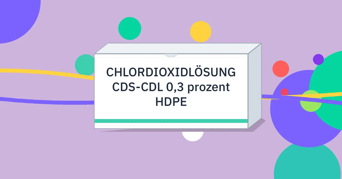 Symbolbild: Packung mit der Aufschrift CHLORDIOXIDLÖSUNG CDS-CDL 0,3 prozent HDPE (PZN 03350723) – Verfügbarkeit und Bezug in Apotheken in Frankfurt am Main