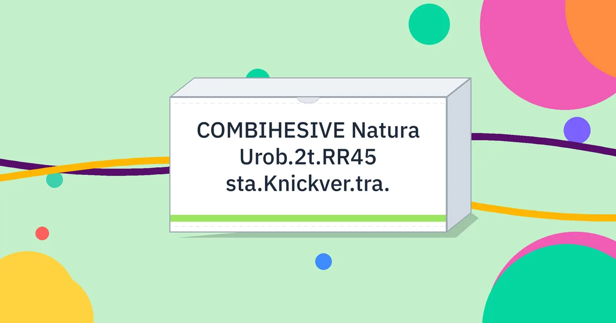Symbolbild: Packung mit der Aufschrift COMBIHESIVE Natura Urob.2t.RR45 sta.Knickver.tra. (PZN 08406115) – Verfügbarkeit und Bezug in Apotheken in Frankfurt am Main