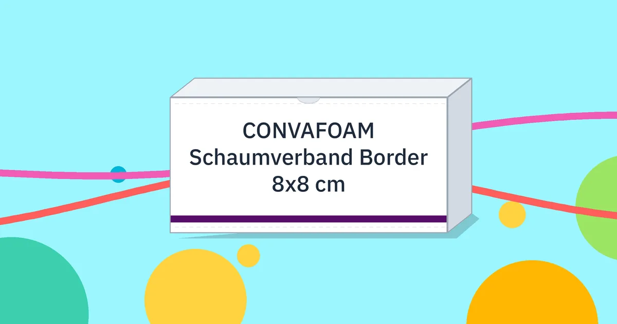Symbolbild: Packung mit der Aufschrift CONVAFOAM Schaumverband Border 8x8 cm (PZN 17256235) – Verfügbarkeit und Bezug in Apotheken in Frankfurt am Main