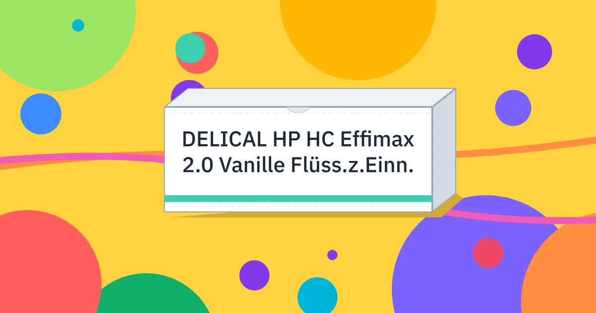 Symbolbild: Packung mit der Aufschrift DELICAL HP HC Effimax 2.0 Vanille Flüss.z.Einn. (PZN 15744781) – Verfügbarkeit und Bezug in Apotheken in Frankfurt am Main