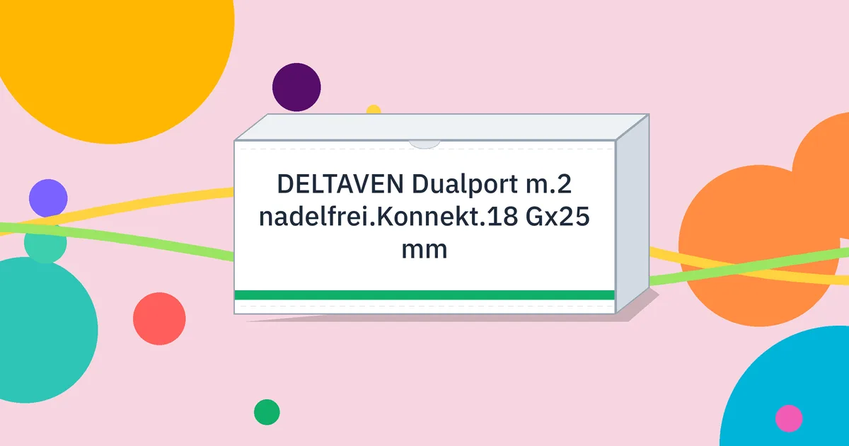 Symbolbild: Packung mit der Aufschrift DELTAVEN Dualport m.2 nadelfrei.Konnekt.18 Gx25 mm (PZN 20365442) – Verfügbarkeit und Bezug in Apotheken in Frankfurt am Main