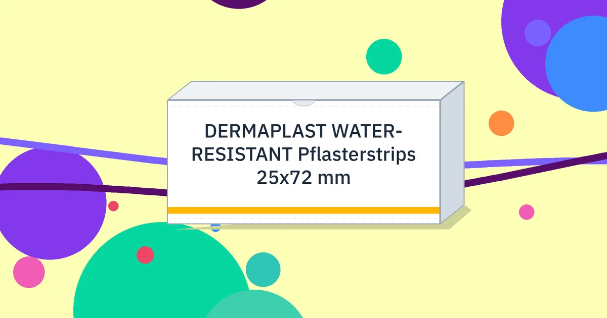 Symbolbild: Packung mit der Aufschrift DERMAPLAST WATER-RESISTANT Pflasterstrips 25x72 mm (PZN 16600156) – Verfügbarkeit und Bezug in Apotheken in Frankfurt am Main