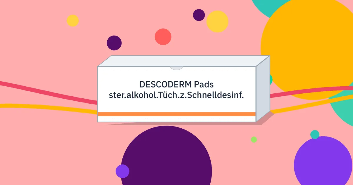 Symbolbild: Packung mit der Aufschrift DESCODERM Pads ster.alkohol.Tüch.z.Schnelldesinf. (PZN 14374922) – Verfügbarkeit und Bezug in Apotheken in Frankfurt am Main