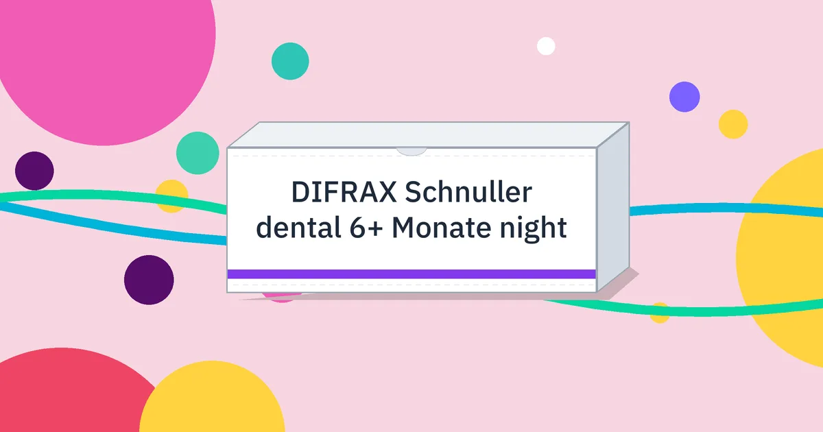 Symbolbild: Packung mit der Aufschrift DIFRAX Schnuller dental 6+ Monate night (PZN 12517754) – Verfügbarkeit und Bezug in Apotheken in Frankfurt am Main
