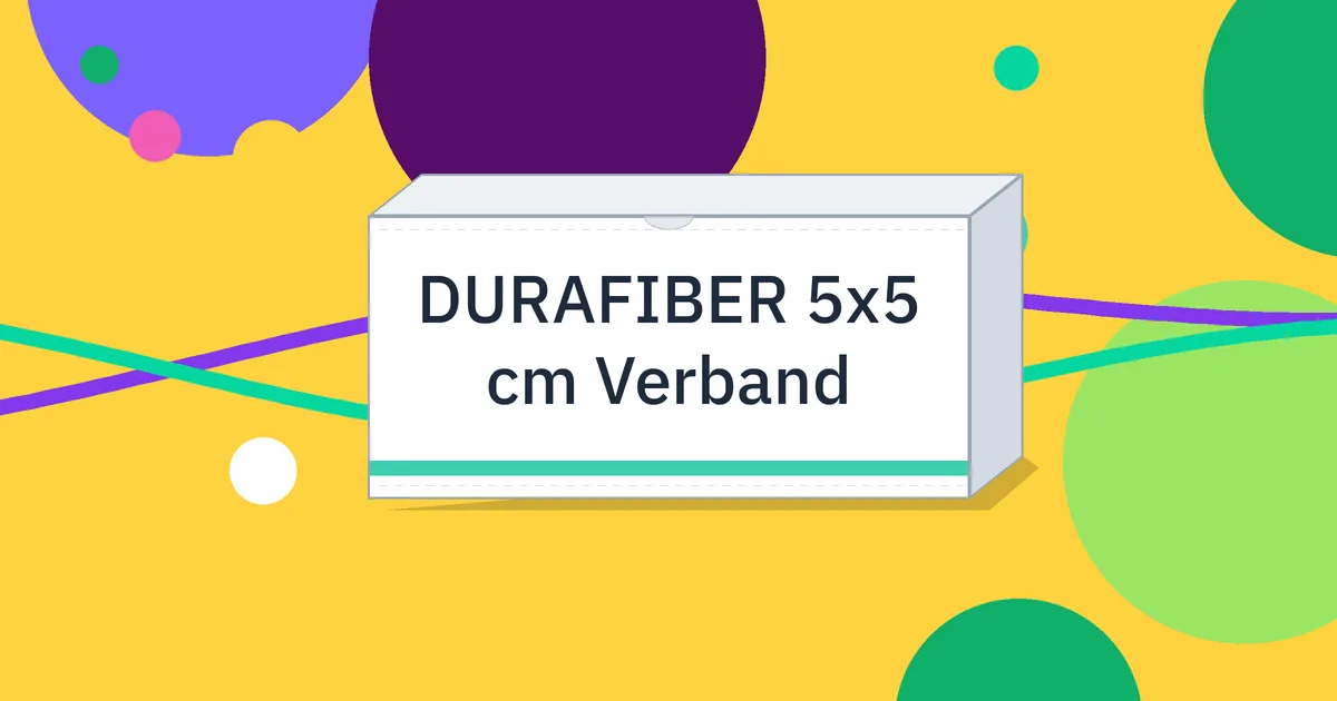 Symbolbild: Packung mit der Aufschrift DURAFIBER 5x5 cm Verband (PZN 00976646) – Verfügbarkeit und Bezug in Apotheken in Frankfurt am Main